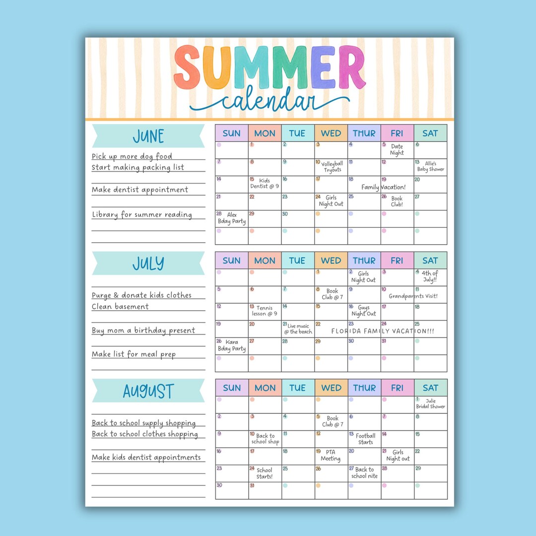 2026 Summer Calendar Poster Summer Fun Bucket List Family Planner ...