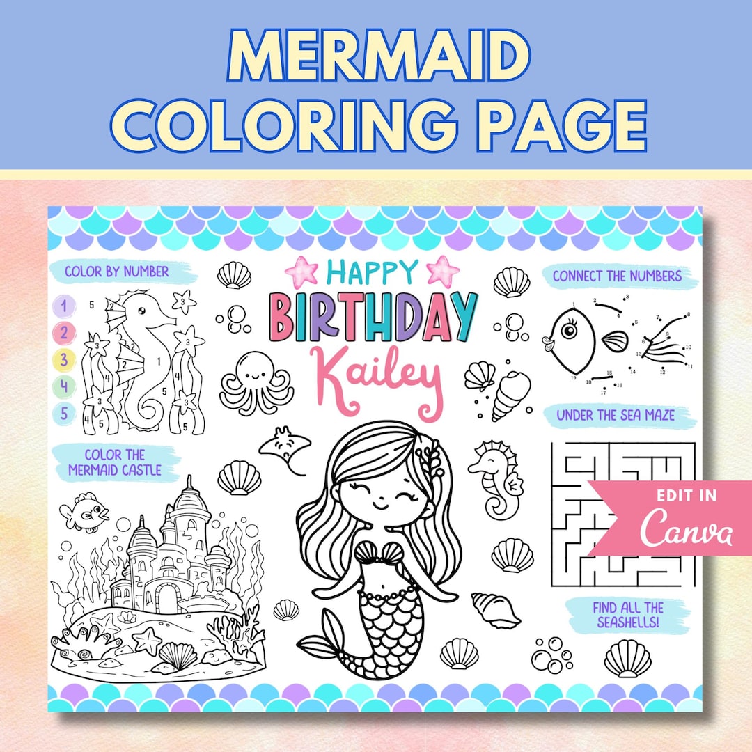 Mermaid Birthday Coloring Placemat: Editable Kids Activity (digital ...