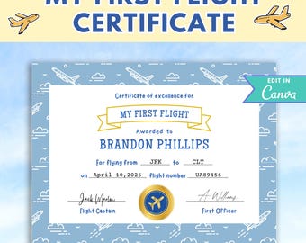 My First Flight Certificate for Kids, Award, Vacation Gift, Editable ...