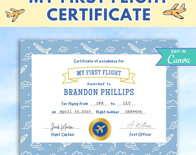 First Flight Certificate for Kids, Toddler's First Flight Award, First ...
