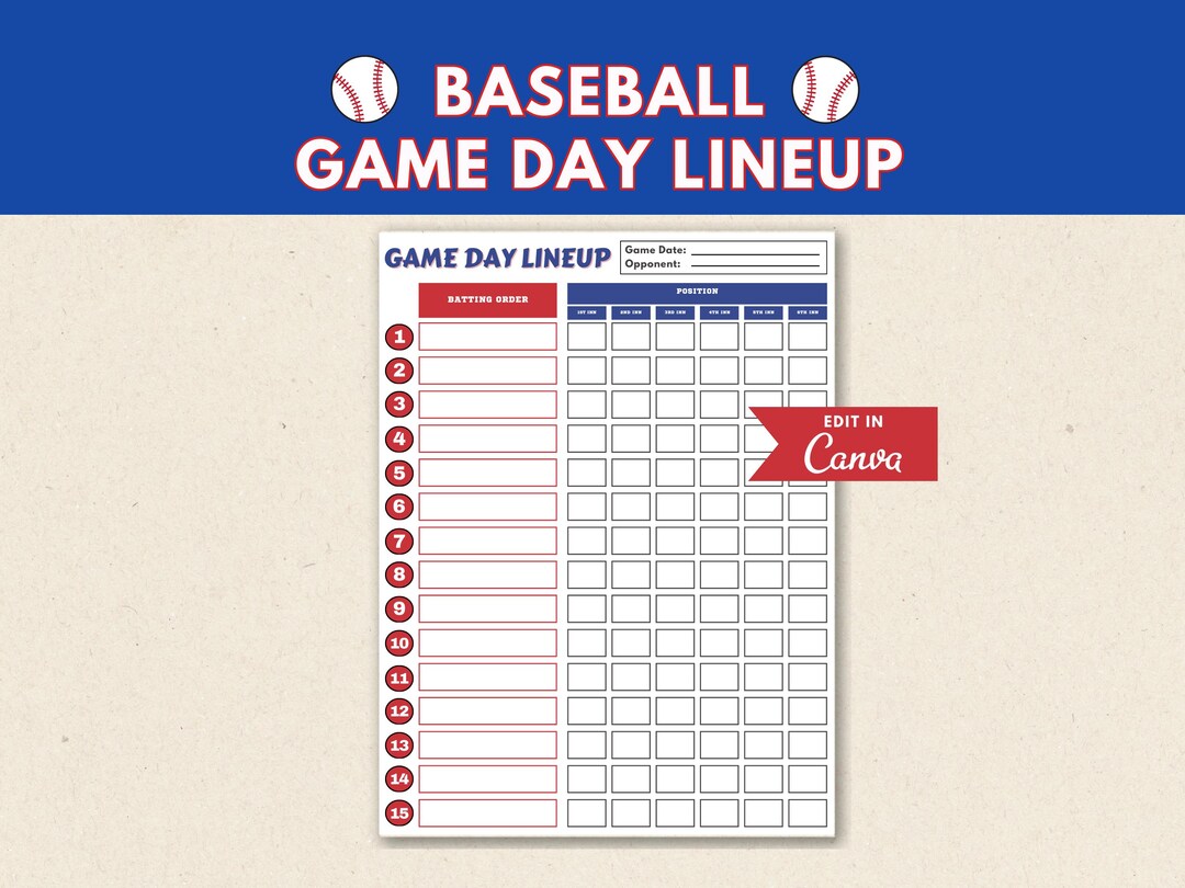 Baseball Game Day Lineup Card | Editable Batting Order Template ...
