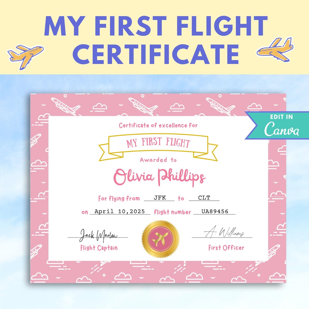 My First Flight Certificate for Kids, Editable Kids Award, Milestone ...