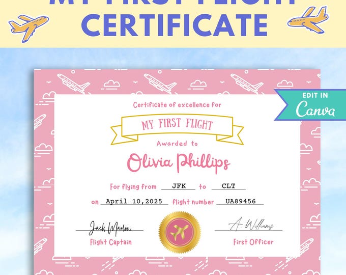 First Flight Certificate for Kids, Toddler's First Flight Award, First Vacation Gift ...