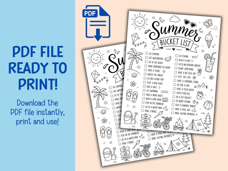 Summer Bucket Printable Template Kids Family Activities Checklist ...