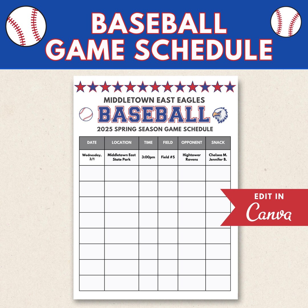 Baseball Game Schedule, Editable Baseball Schedule, Tball Game Schedule ...