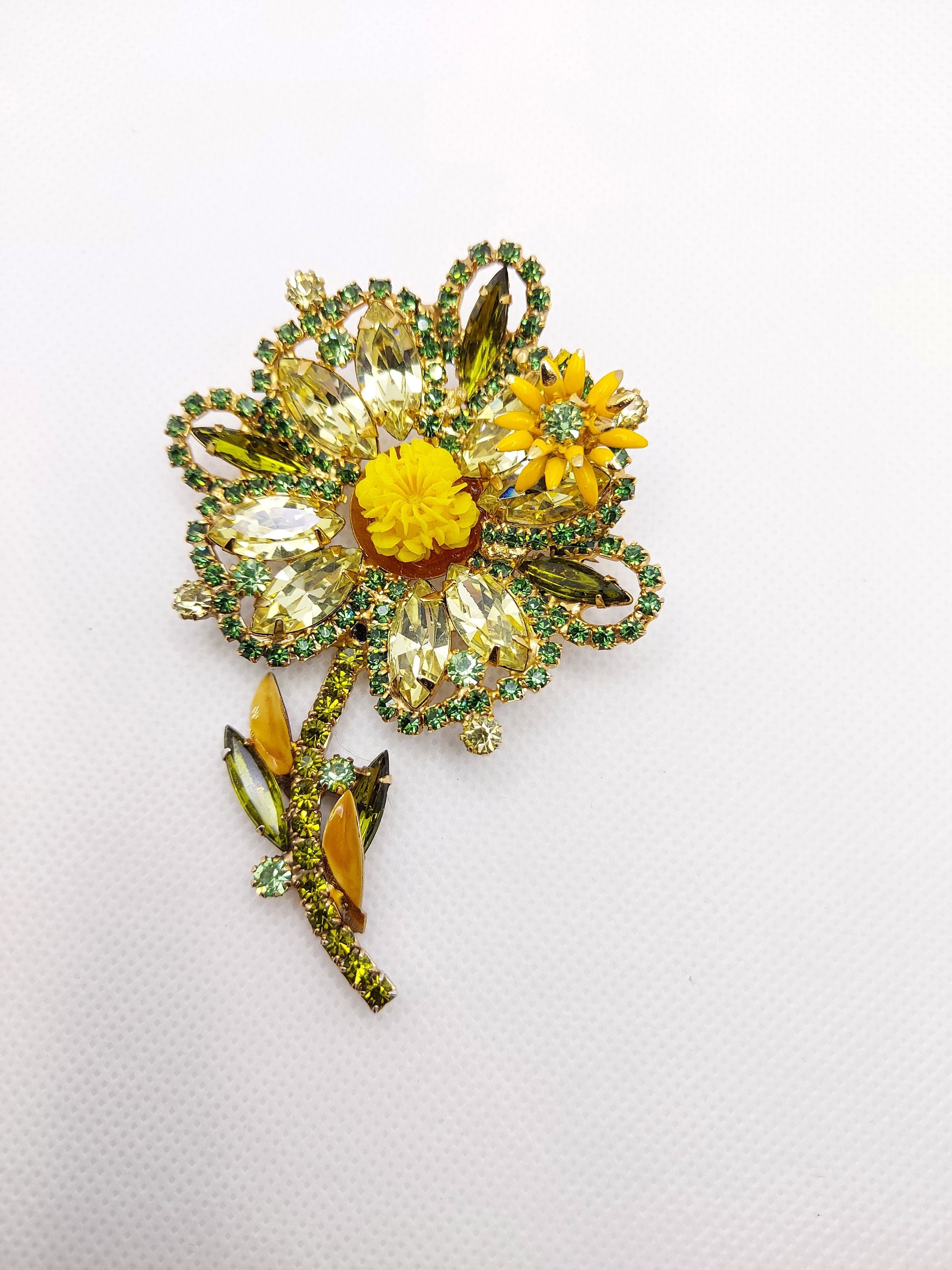 Vintage Alice Caviness Green Rhinestone Flower Brooch Celluloid Enamel ...