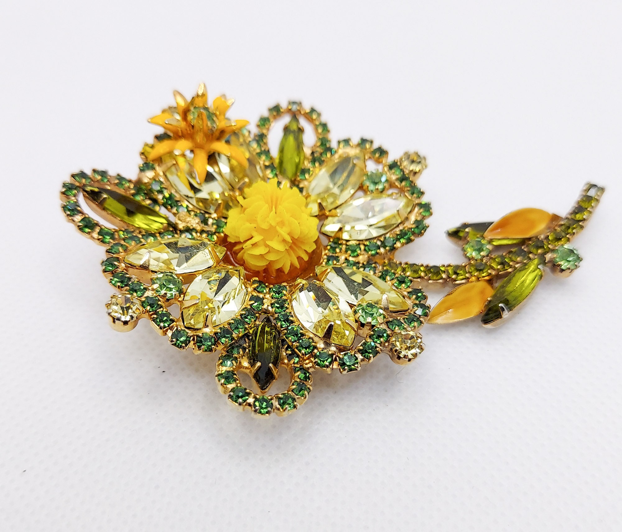 Vintage Alice Caviness Green Rhinestone Flower Brooch Celluloid Enamel ...