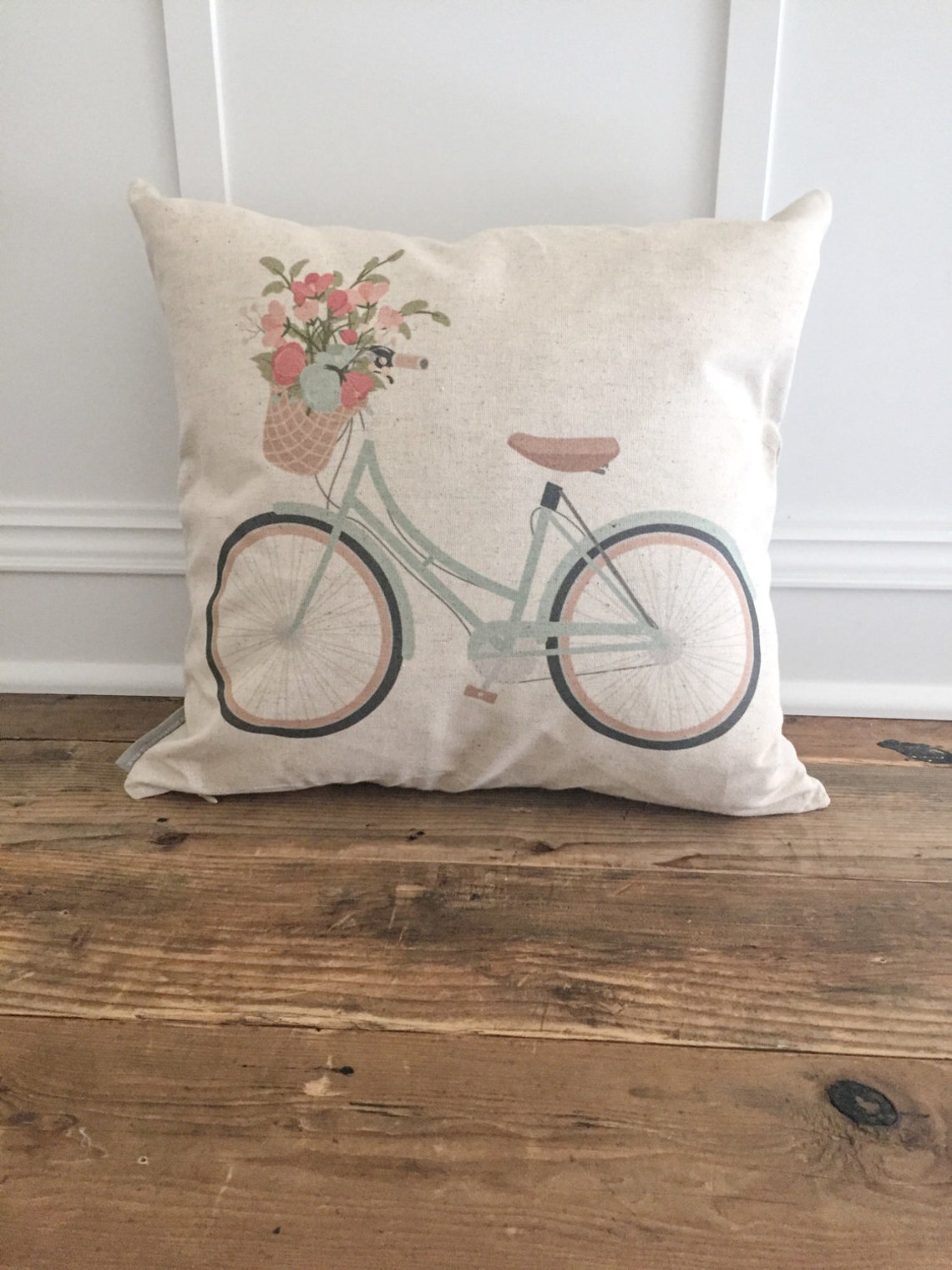 Linen Bicycle Pillow Cover – Aqua Floral Bike, Spring Decor - Etsy