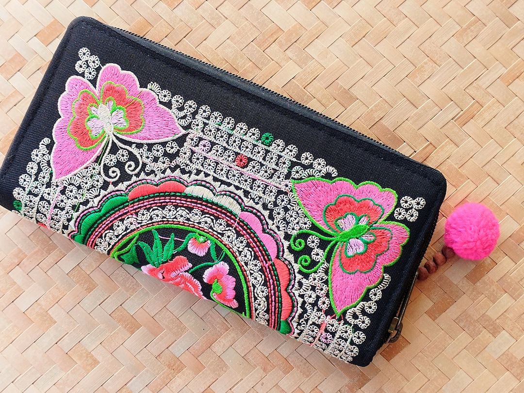 Pink Butterfly Embroidered Boho Wallet Women Zipper Wallet Organiser ...