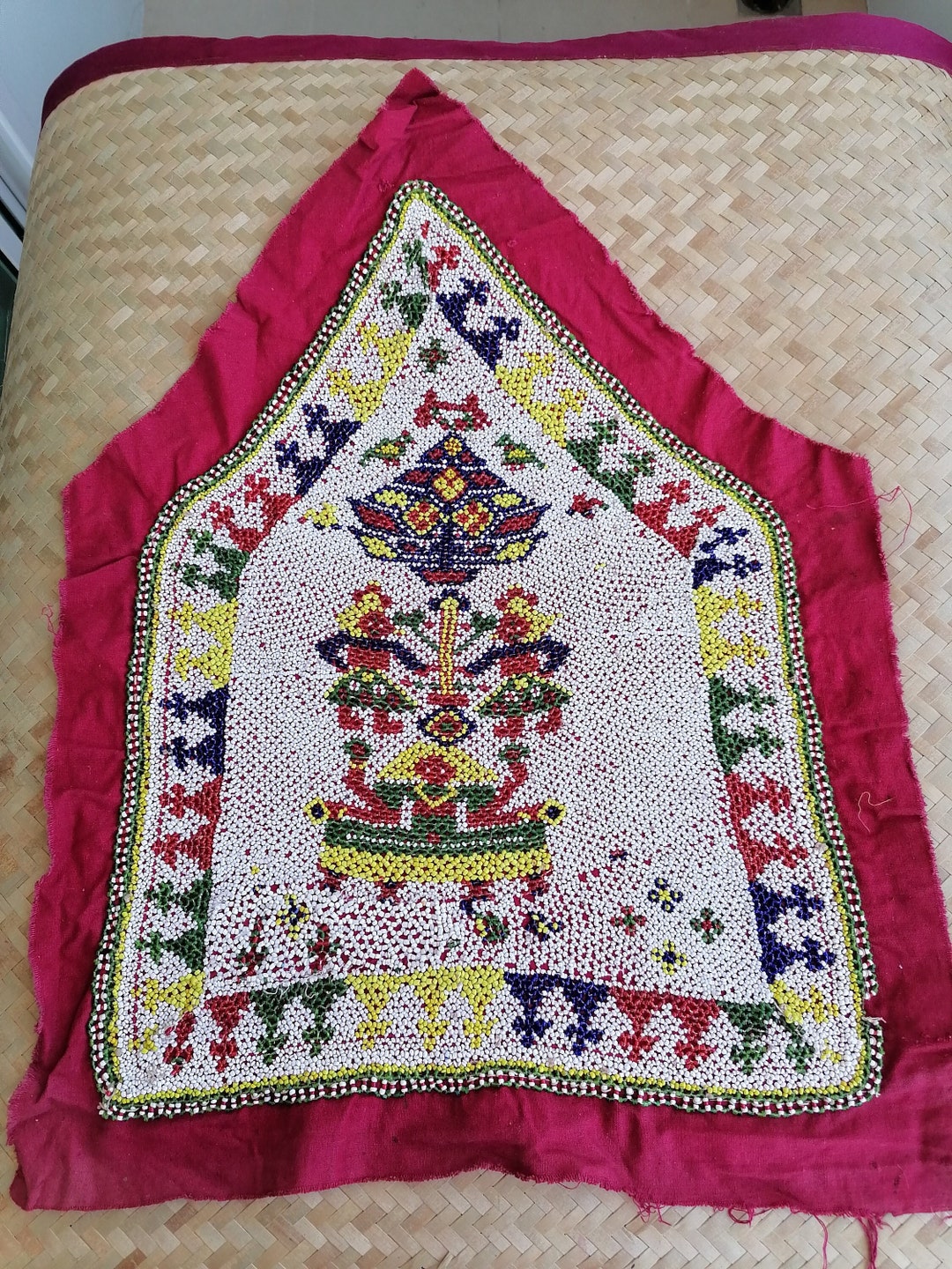 Beaded Vintage Rajasthani Fabric Mirrored Seed Bead Wall Hanging Home ...