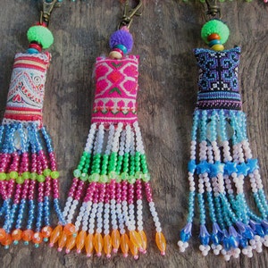 Hmong Fabric Beaded Keychain Colorful Handmade Pompom - Etsy