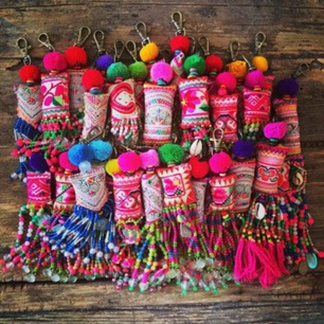 Hmong Fabric Beaded Keychain Colorful Handmade Pompom - Etsy