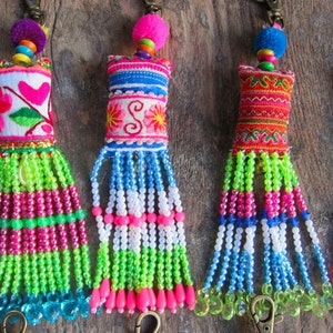 Hmong Fabric Beaded Keychain Colorful Handmade Pompom - Etsy