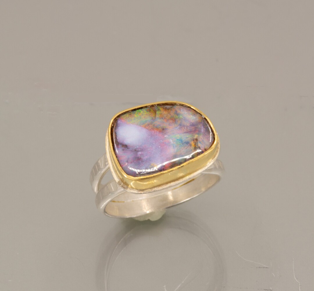 Australian Boulder Opal Ring in Gold, Pastel Opal Ring, Horizontal Set ...
