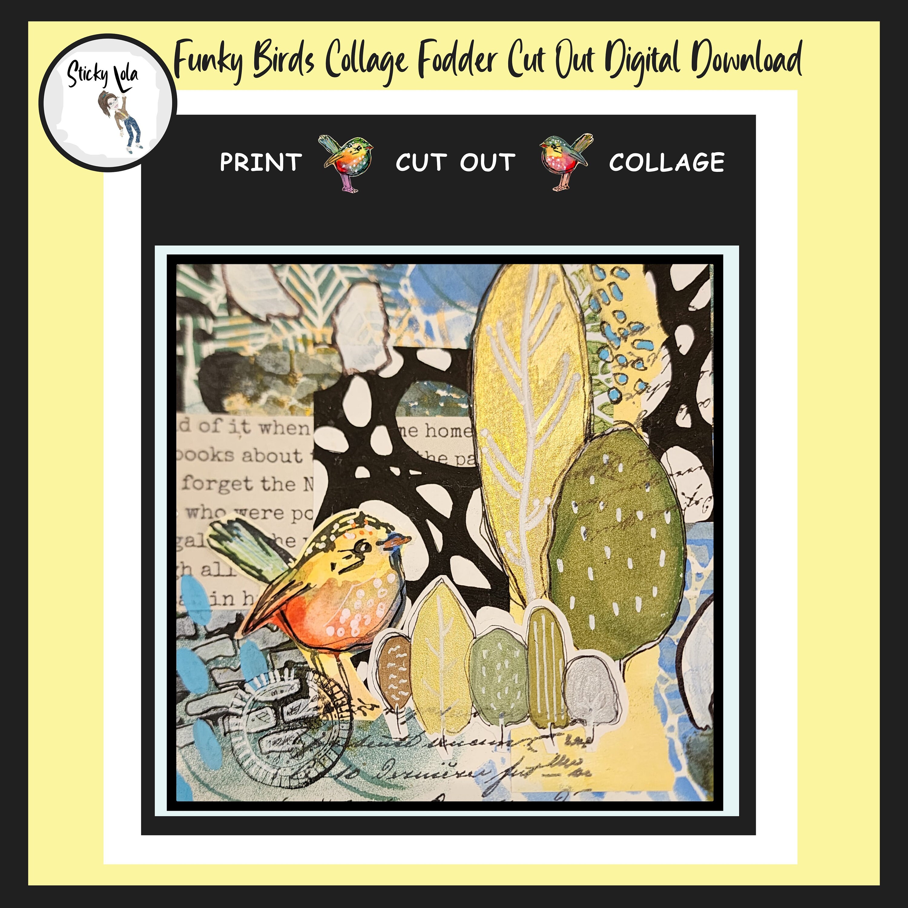 Collage Fodder Tear Sheet Printable Handpainted Funky Birds for Instant ...