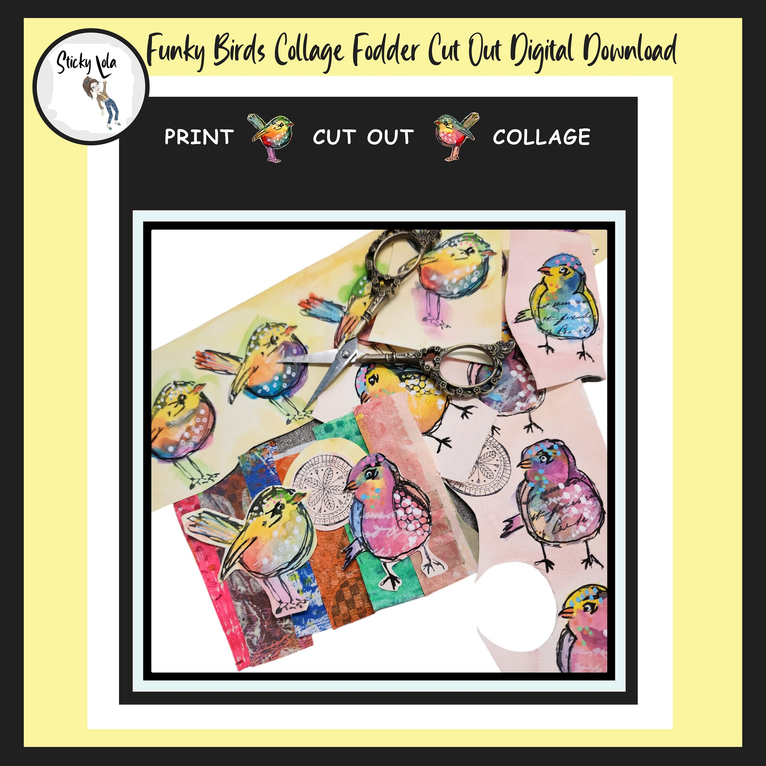 Collage Fodder Tear Sheet Printable Handpainted Funky Birds for Instant ...