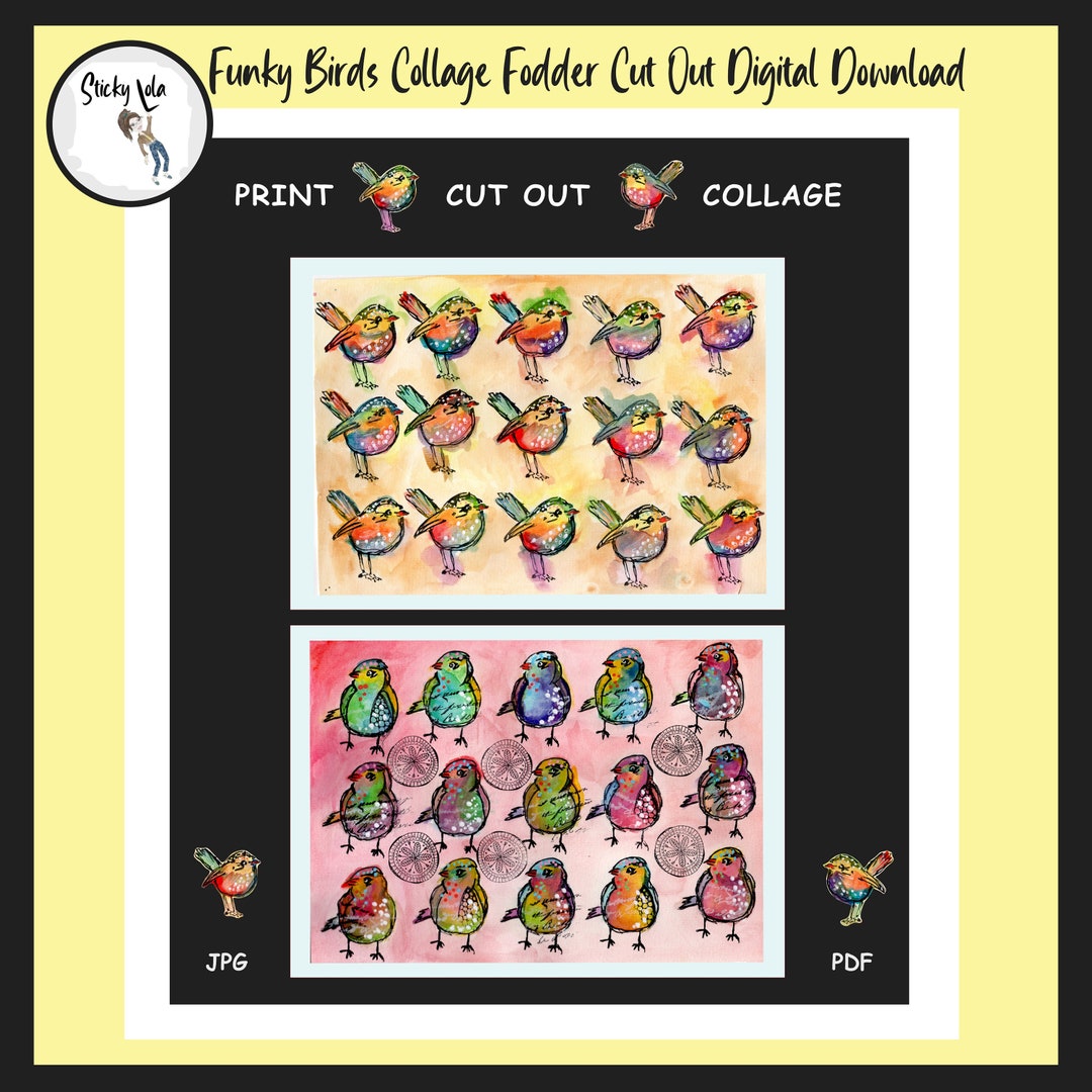 Collage Fodder Tear Sheet Printable Handpainted Funky Birds for Instant ...