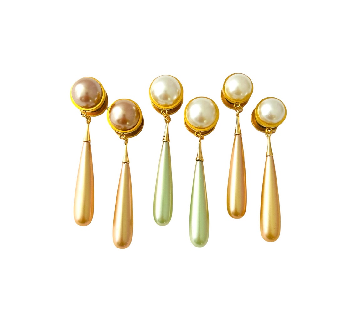 Gold Pearl Dangle Gauges 6mm - 19mm Your Choice Taupe Sage Ivory White ...