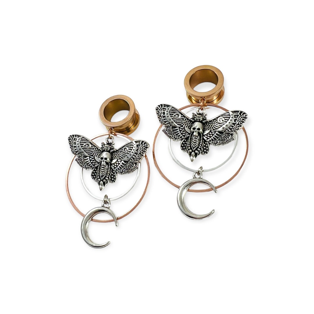 Rose Gold Silver Moth Moon Dangle Gauges 6mm 25mm Dangles Screw Back ...