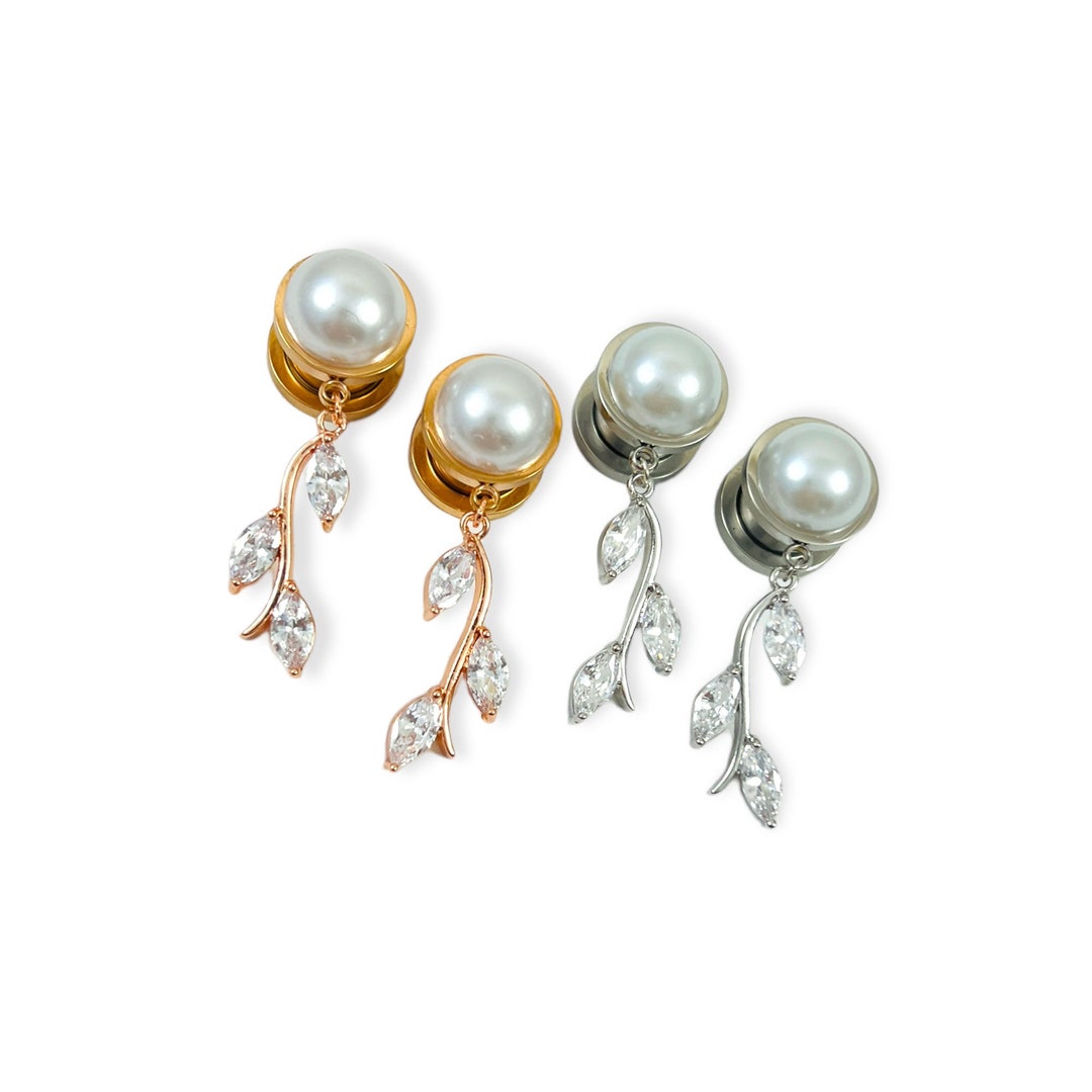 Rose Gold Silver Crystal Dangle Gauges 2g - 19mm White or Ivory Wedding ...