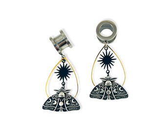 Black Moth Moon Dangle Gauges 6mm 25mm Dangles Screw Back Tunnels for ...