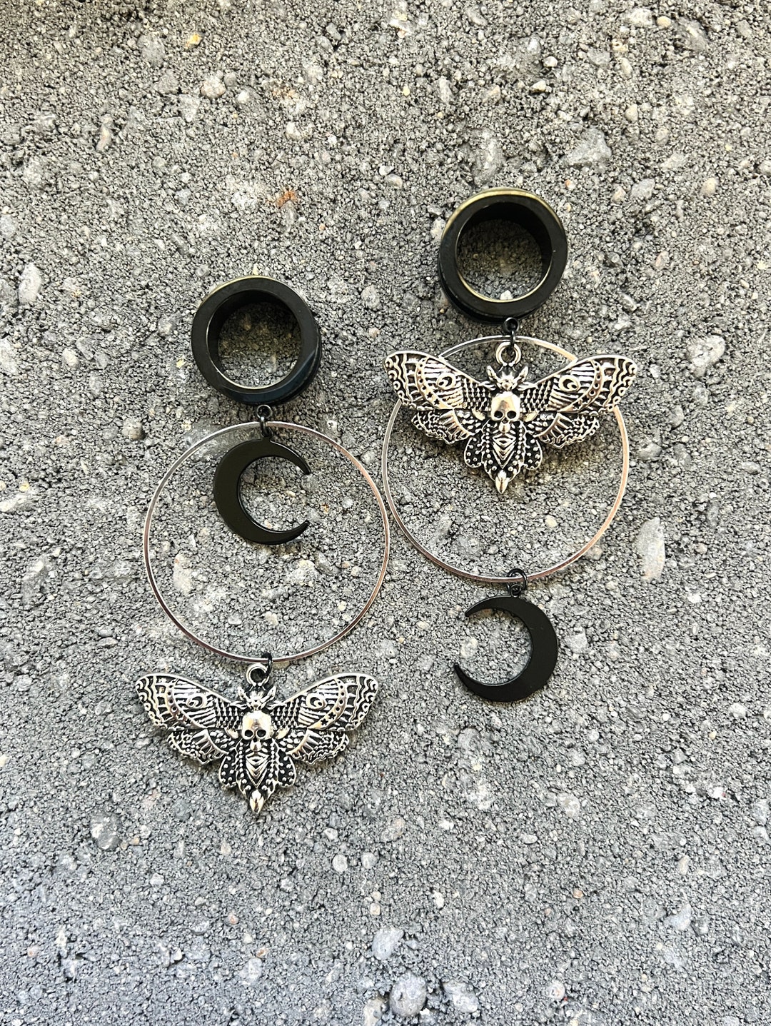 Black Silver Moth Moon Dangle Gauges 6mm - 25mm Dangles Screw Back ...