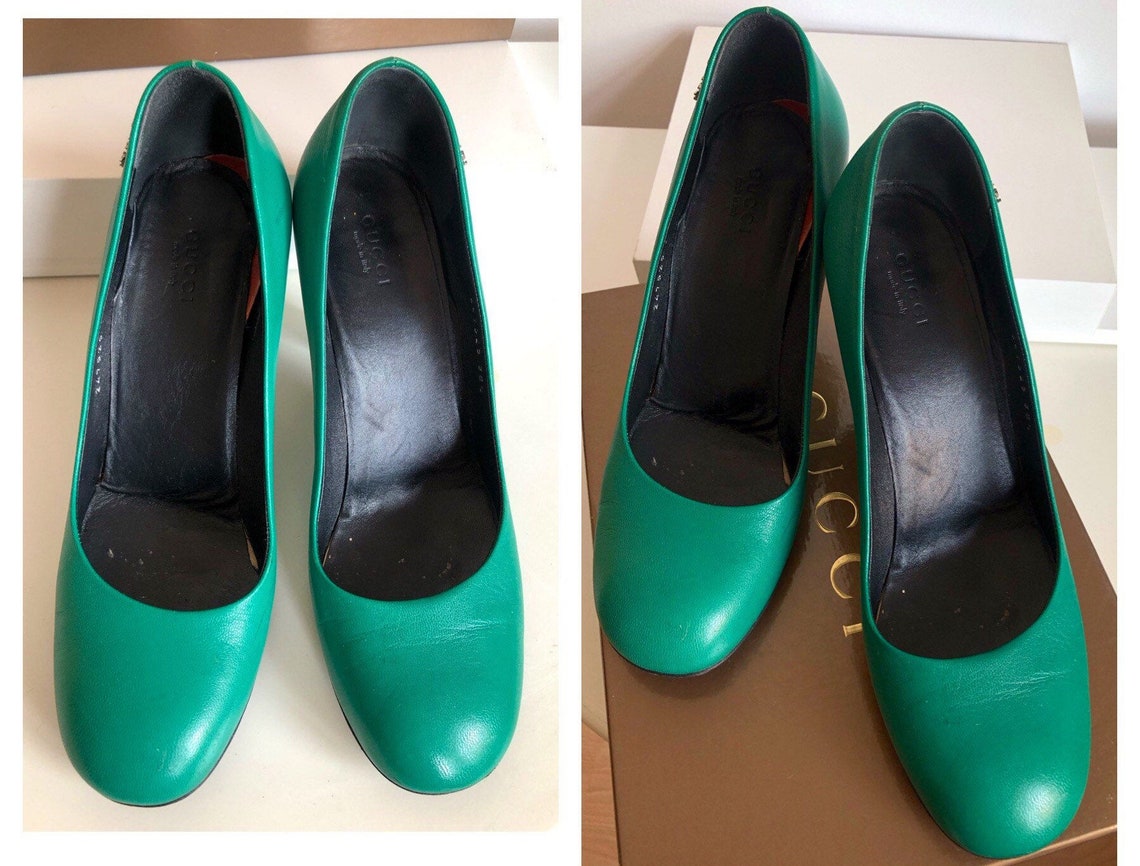Vintage Gucci green leather high heal shoes round toe evening | Etsy