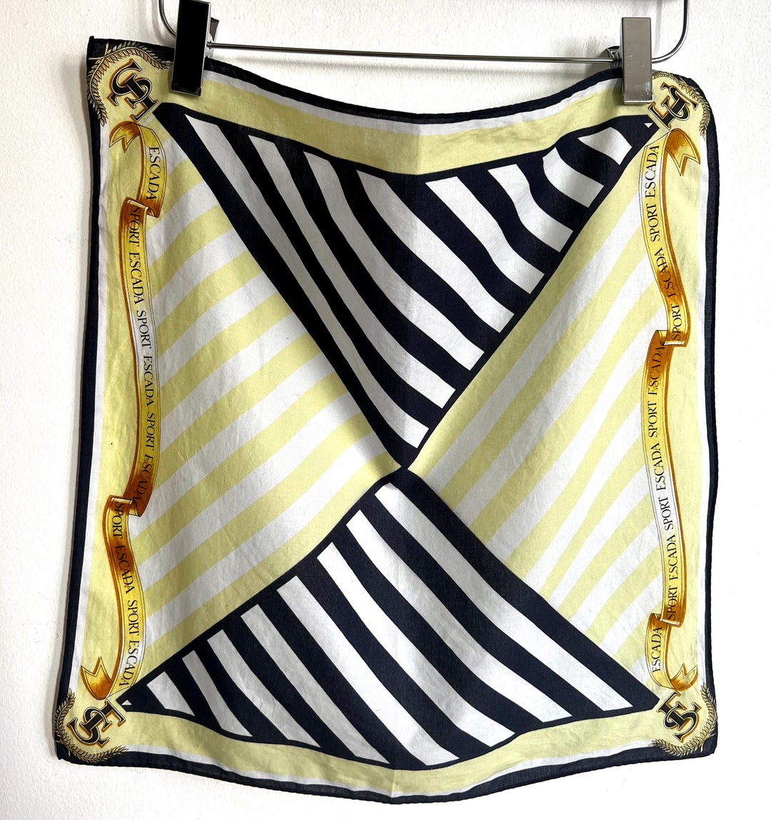 Vintage 90s Escada Small Scarf, Designer Head Scarf, Cotton Blue Yellow ...