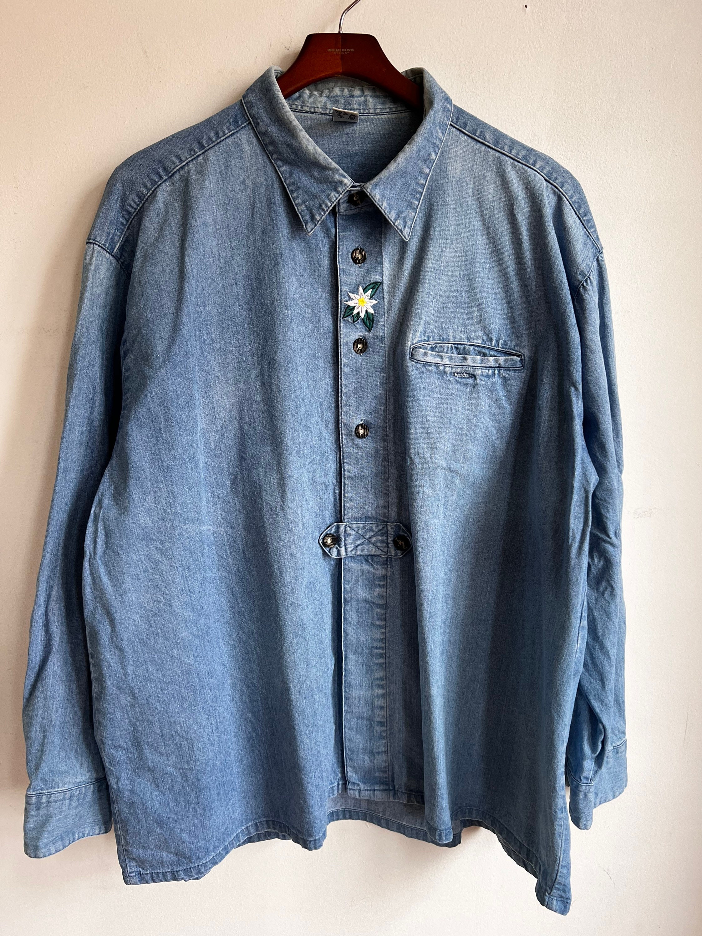 Vintage 90s Dirndl Mans Denim Shirt Blue Austrian Style - Etsy
