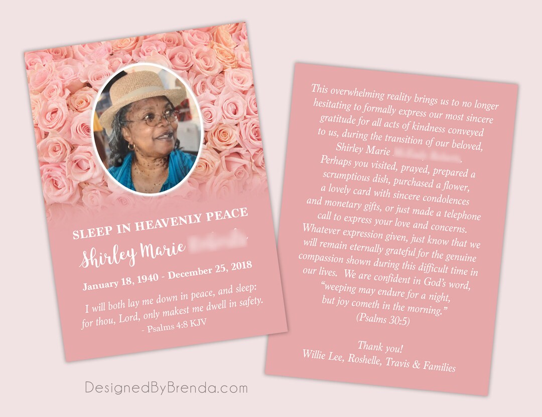 Pink Roses Memorial Card With Photo and Thank You Message - Double ...