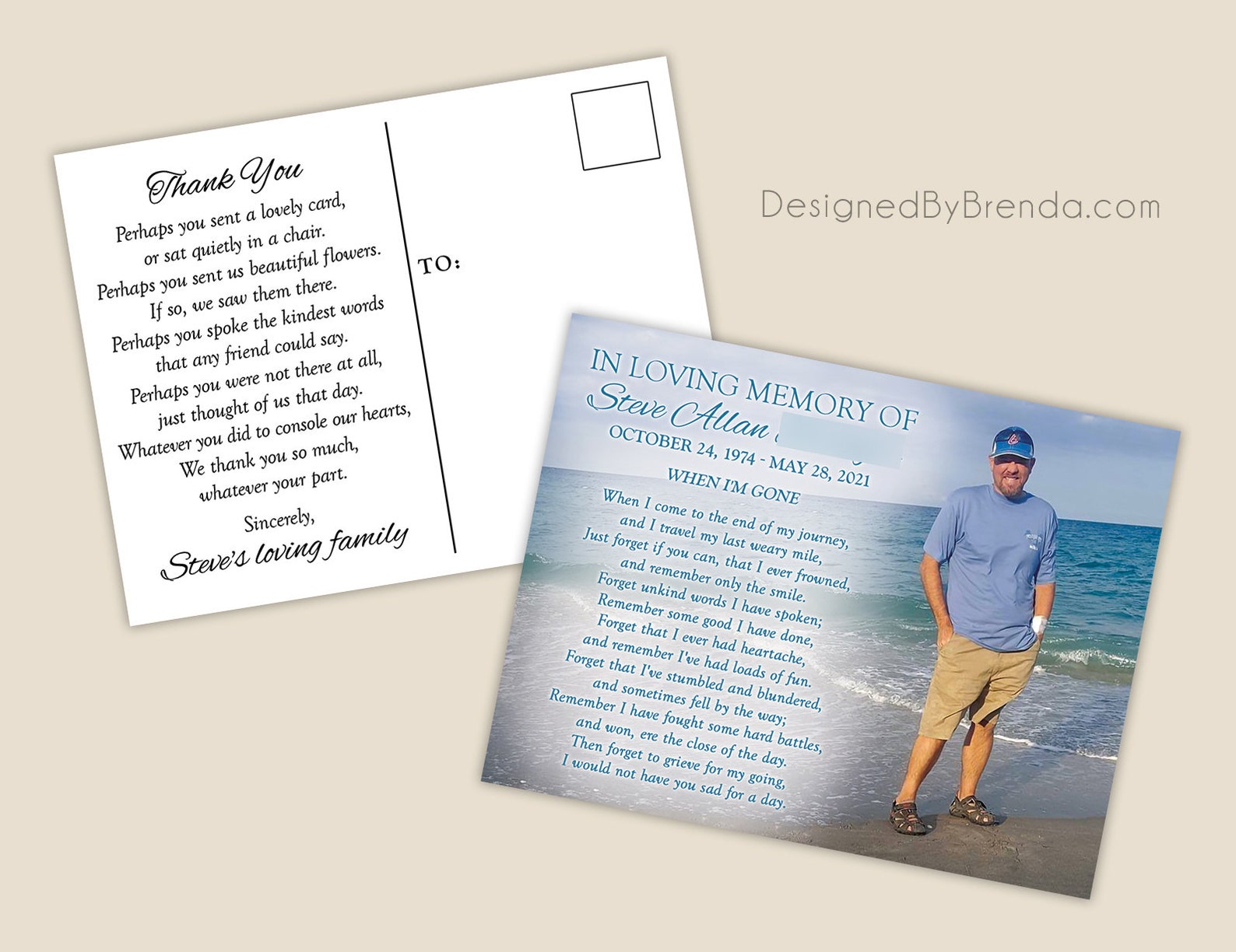 Memorial Thank You Card Note With Large Photo on Front and Poem on Back ...