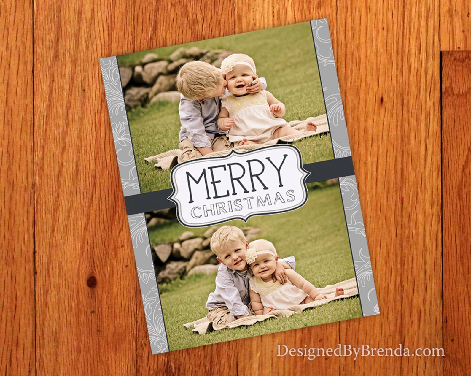 Merry Christmas Card With 2 Pictures - Grey Can Be Any Color - Holiday ...