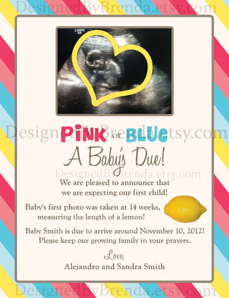 Pink or Blue A Baby's Due Pregnancy Announcement - W/ Ultrasound Photo ...