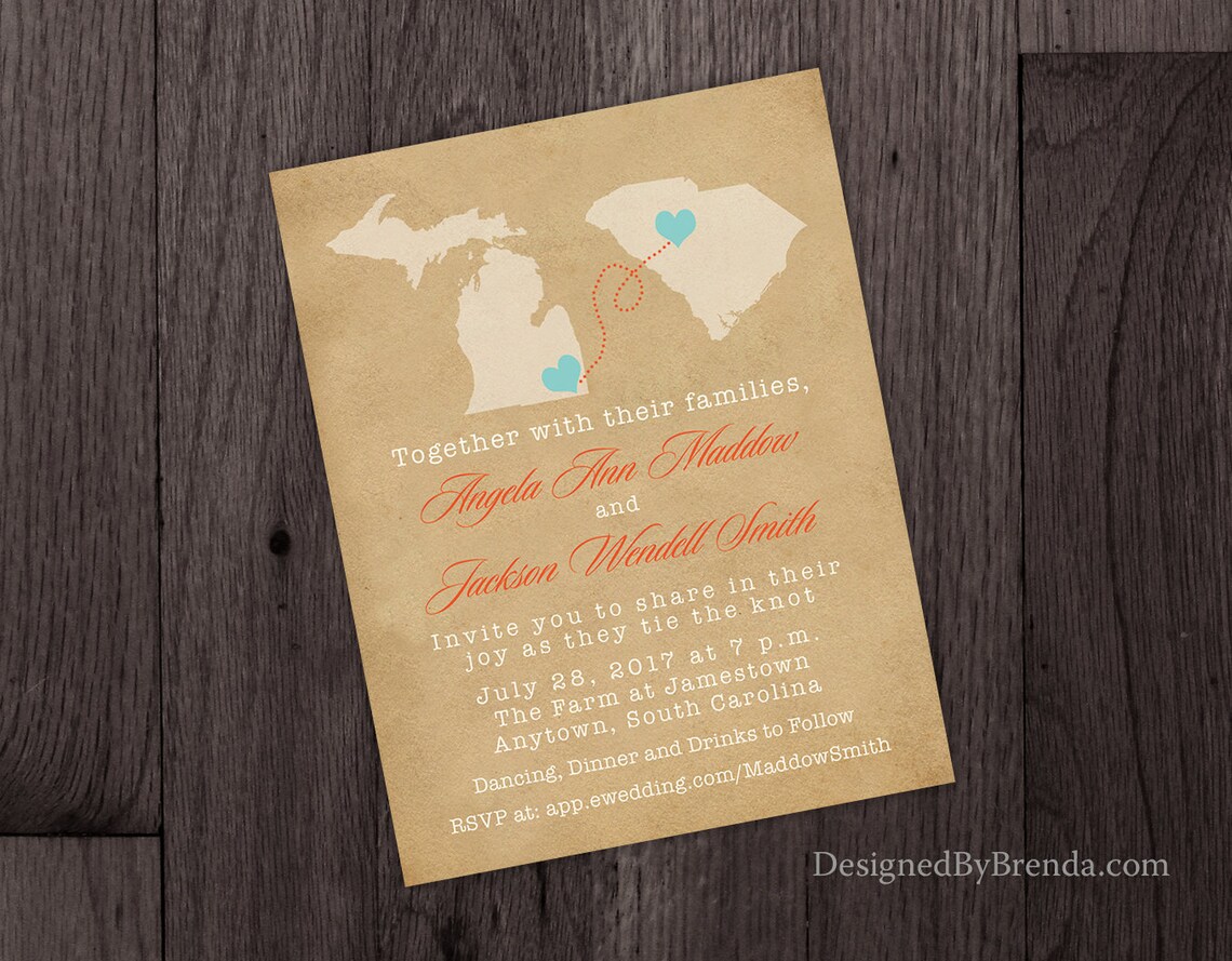 Vintage Style Wedding Invitation With Two States, Rustic Kraft Look ...