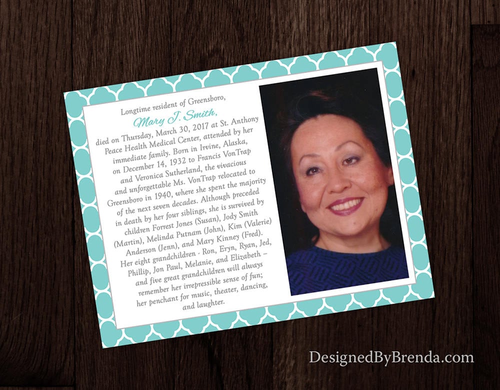 Memorial Card With Photo and Obituary, Double Sided With Poem or ...