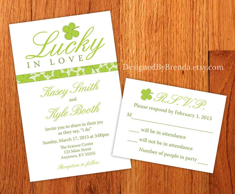 Large Shamrock Lucky in Love Wedding Invitations - Green Four Leaf ...