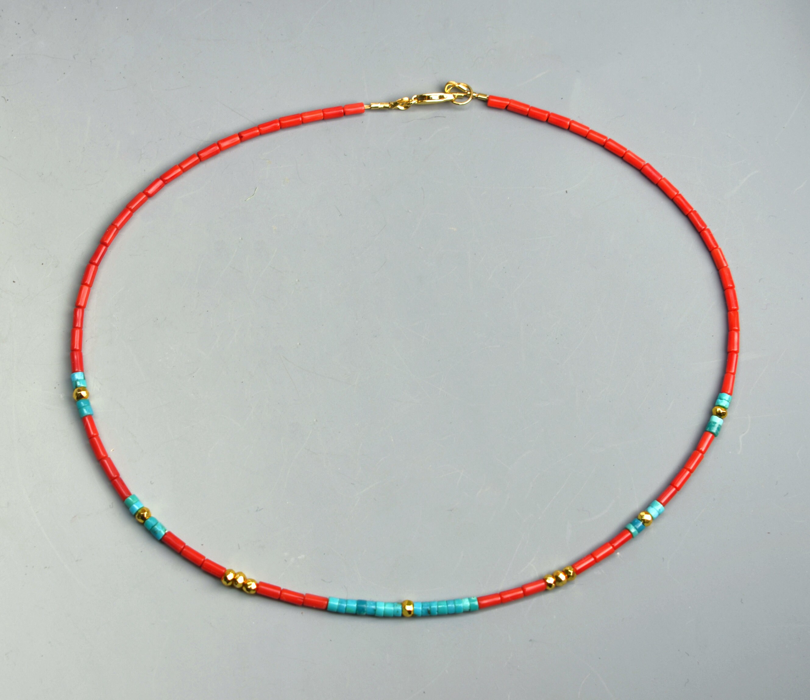 Red Coral Choker W Turquoise & Gold Pyrite, Real Gemstone Minimalist ...