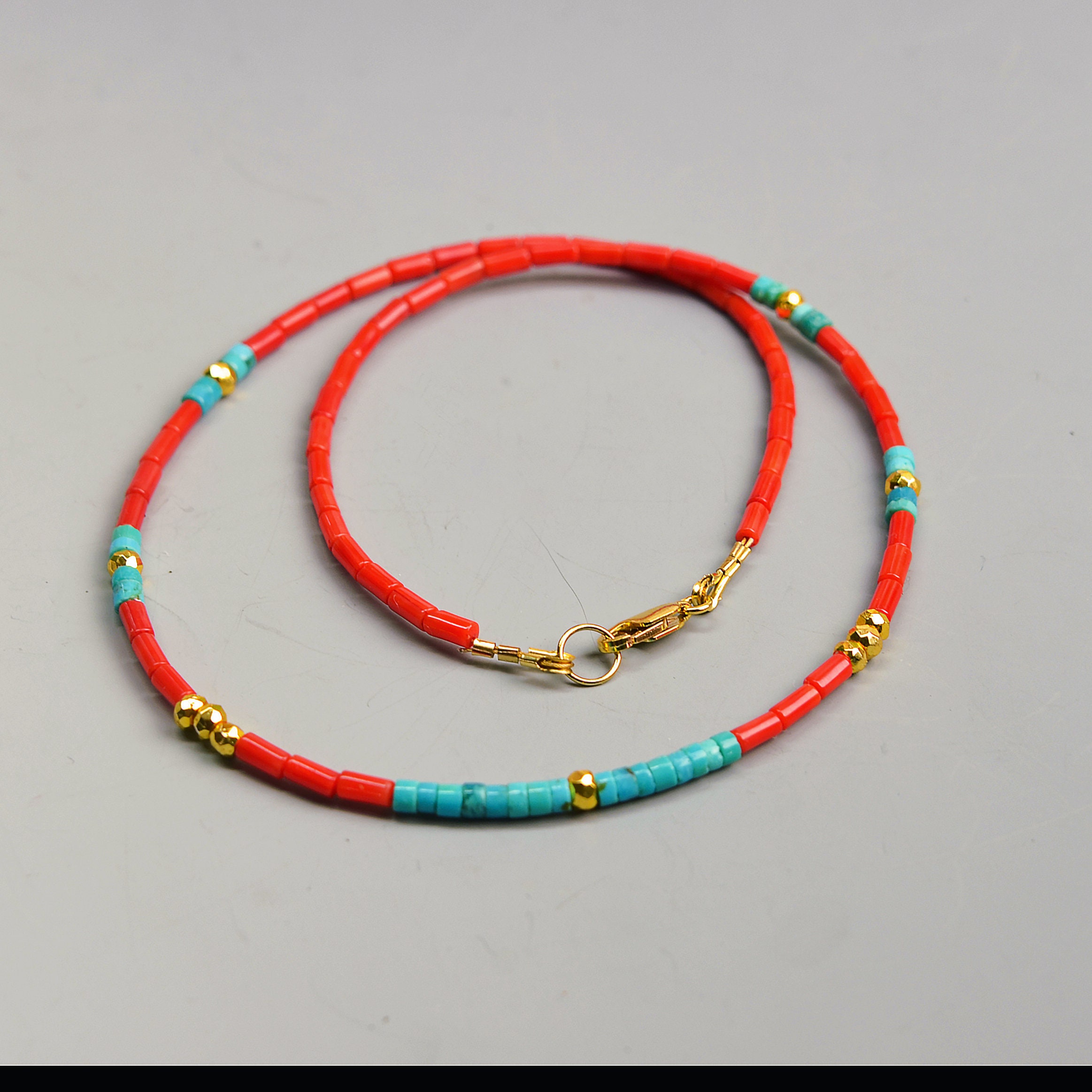 Red Coral Choker W Turquoise & Gold Pyrite, Real Gemstone Minimalist ...