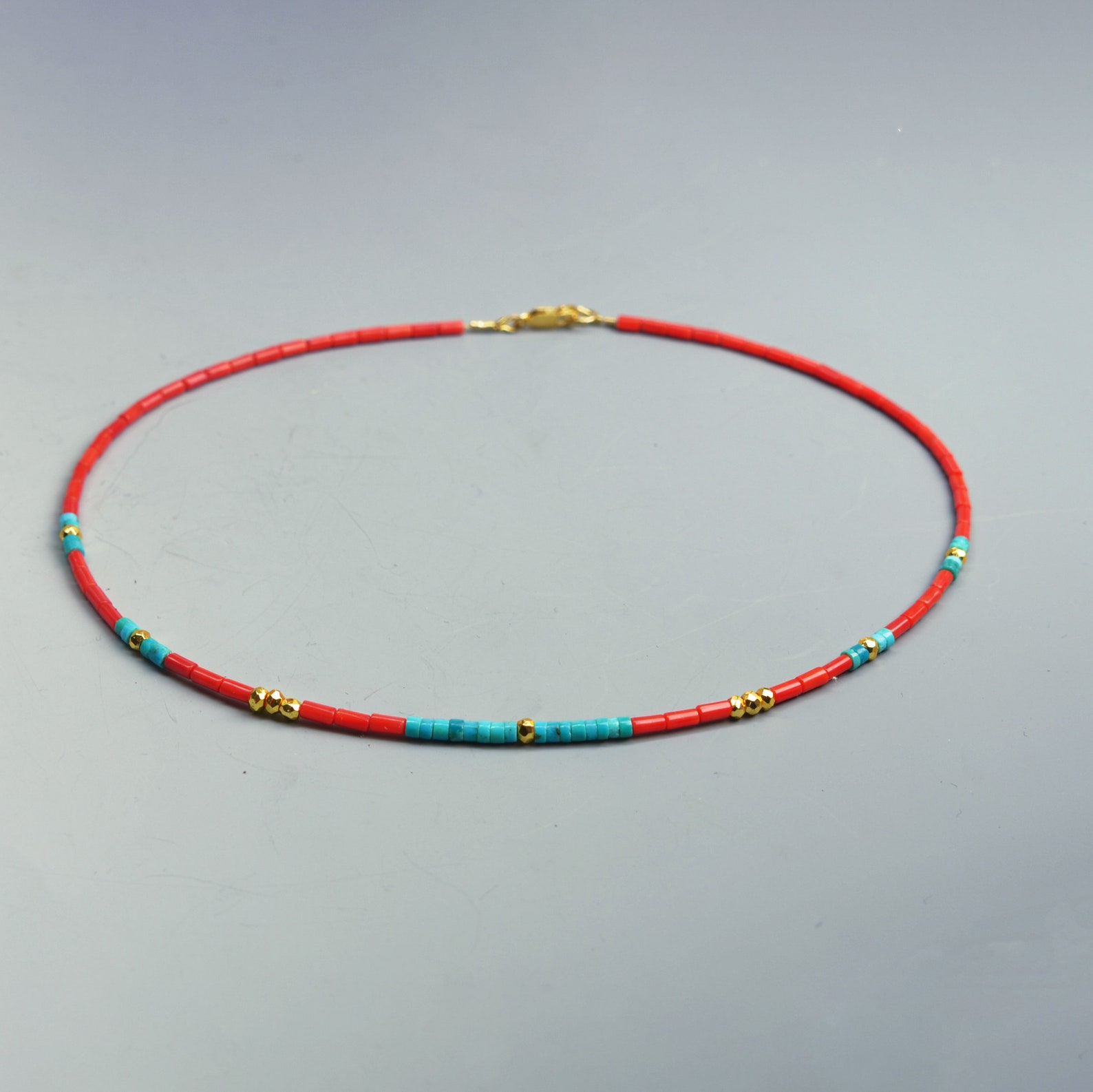 Red Coral Choker W Turquoise & Gold Pyrite, Real Gemstone Minimalist ...