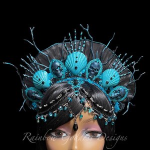 Black & Teal Dark Siren Mermaid Crown, Sea Goddess Skull Crown, Gothic ...
