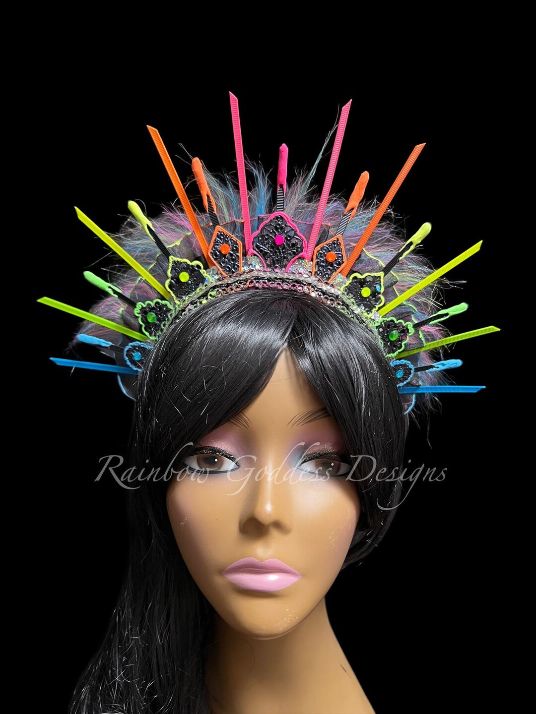 Neon Rainbow Halo Crown, UV Blacklight Rave Headband, Festival Zip Tie ...