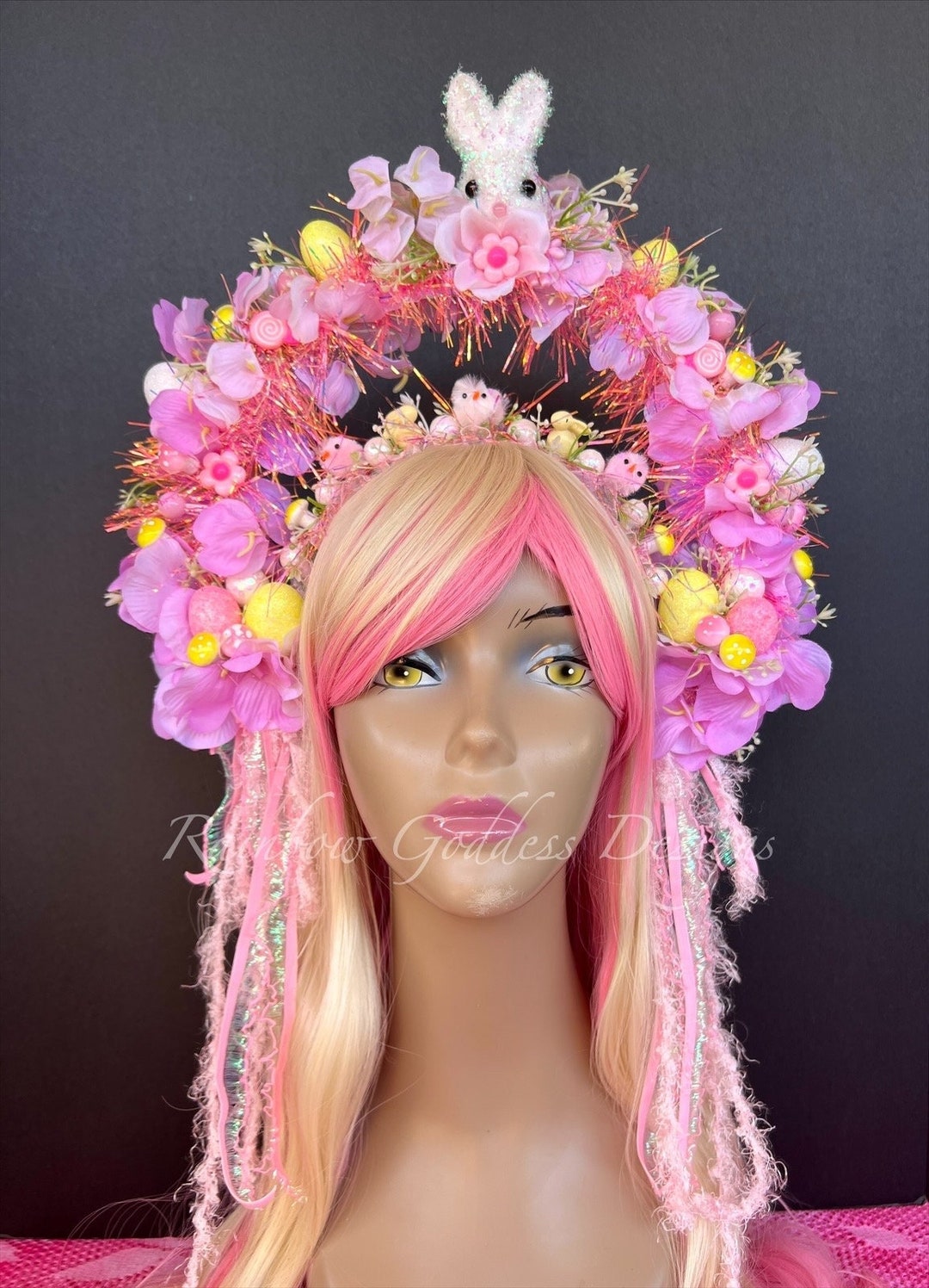 Pink Easter Bunny Crown, Floral Halo Headdress - Etsy