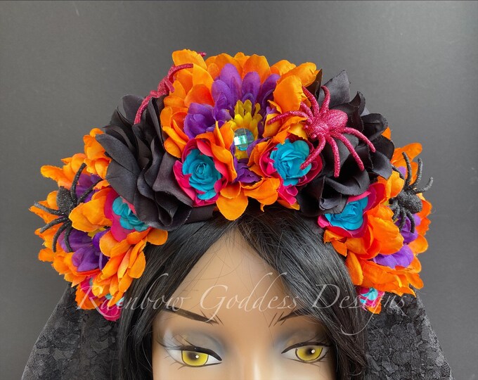 Colorful Rose Crown, Dia De Los Muertos Flower Crown, Veiled Headband ...