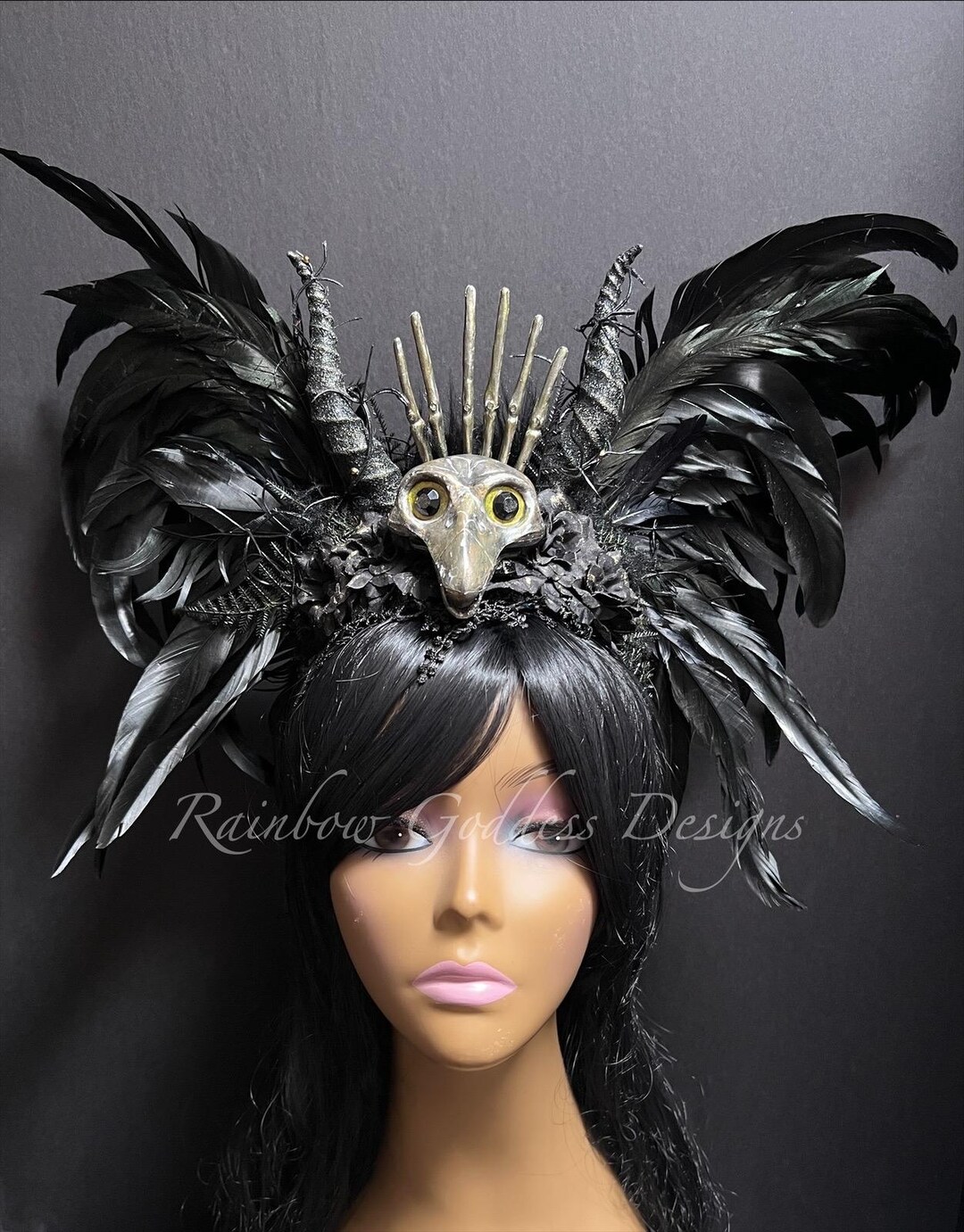 Black Raven Wing Headdress, Maleficent Horned Feather Goddess Crown ...