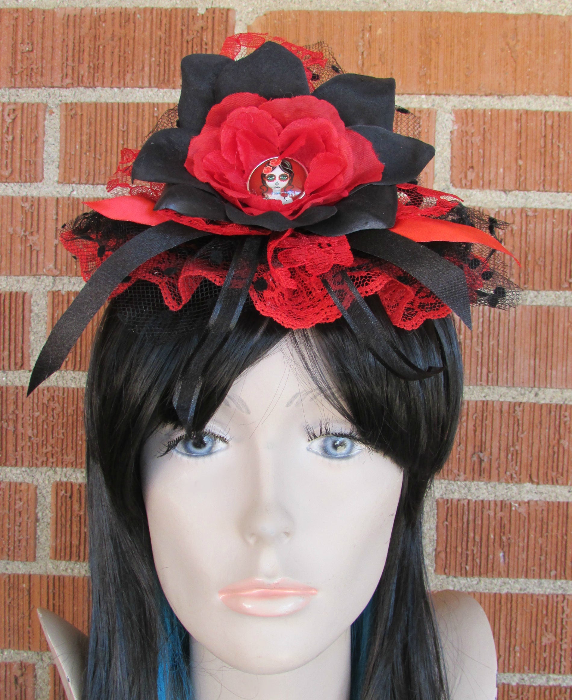 Red & Black Skull Mini Hat Clip, Lace Mini Top Hat, Halloween Hair ...