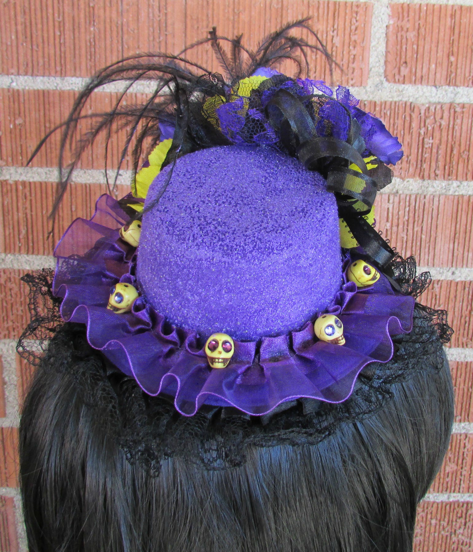 Purple Yellow Skull Mini Hat Clip, Feathered Mini Top Hat, Halloween ...