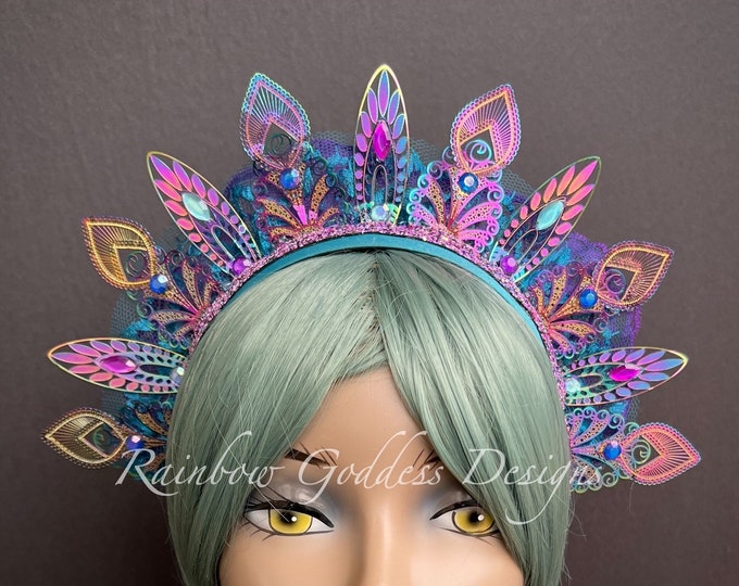 Multi-color Filigree Tiara Crown, Peacock Rave Fairy Crown, Teal ...