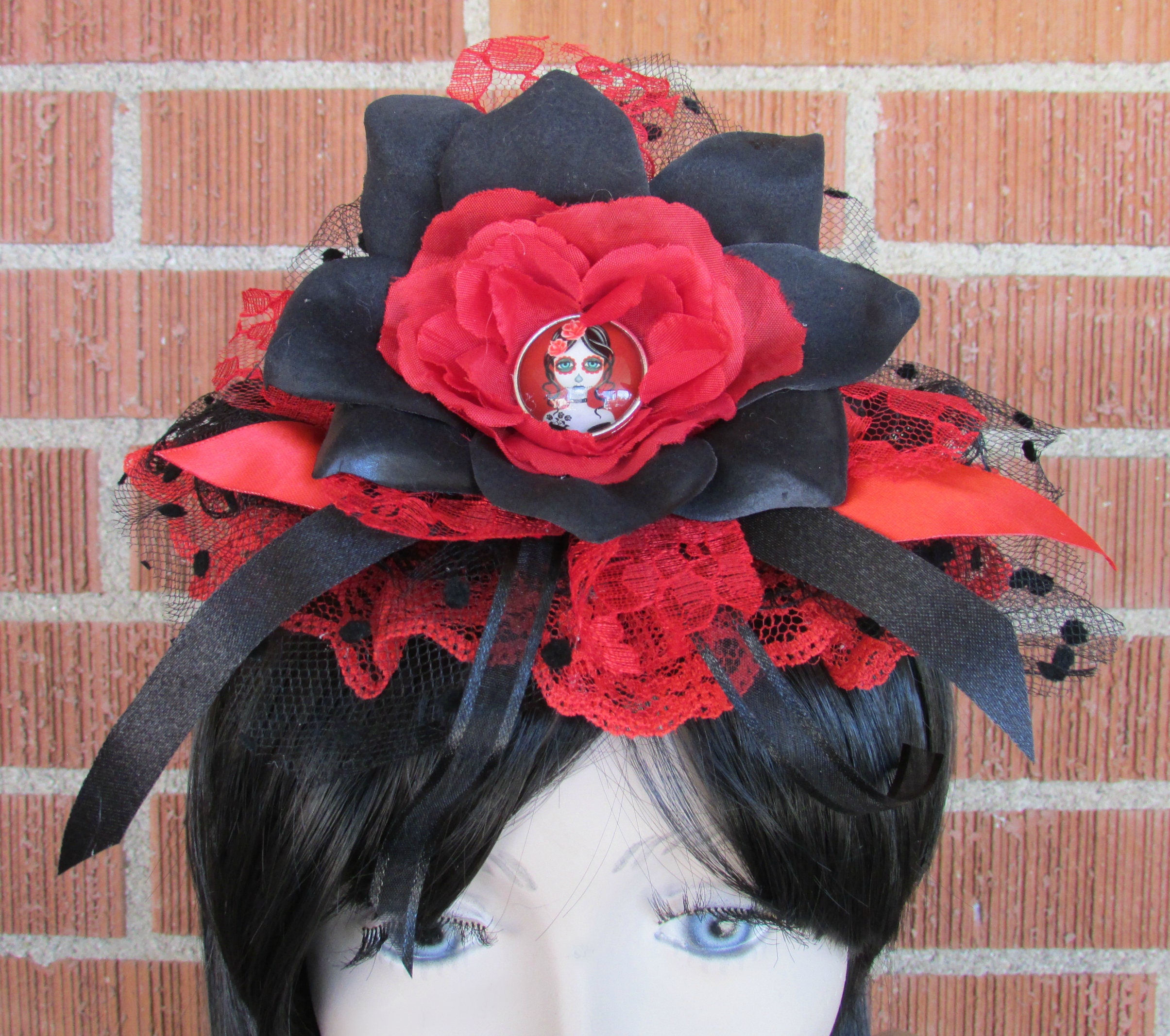 Red & Black Skull Mini Hat Clip, Lace Mini Top Hat, Halloween Hair ...