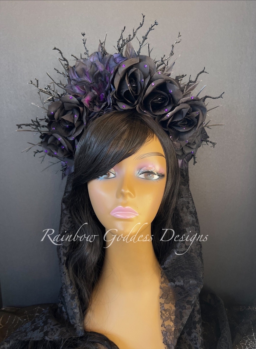 Black Rose Branch Crown, Gothic Flower Crown, Veiled Headband, Floral ...