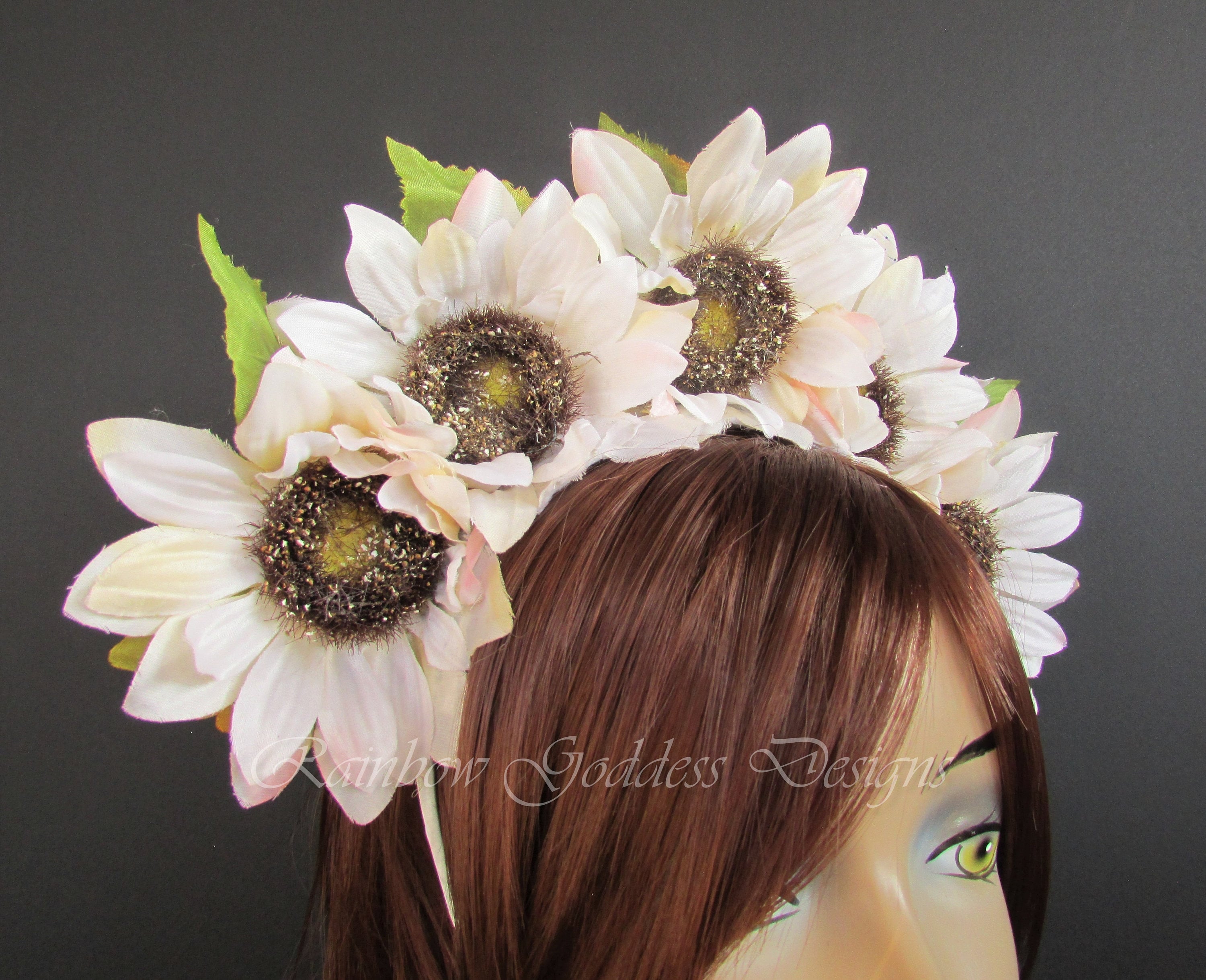 White Sunflower Crown, Floral Crown, Flower Crown Headband, Flower Head ...